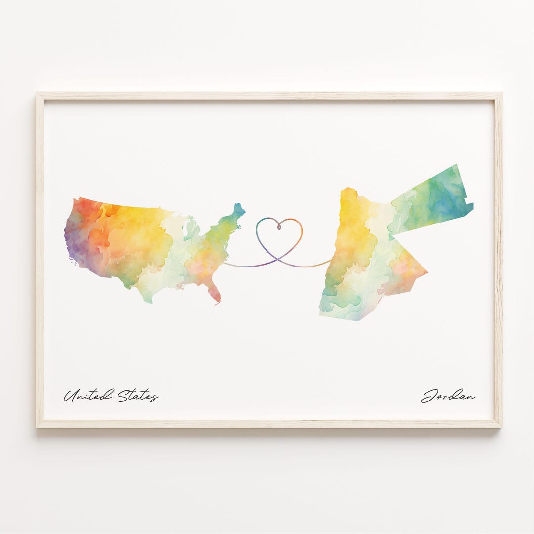US to Jordan Print, Watercolor Map Poster, Jordanian Gift, US Wall Art ...