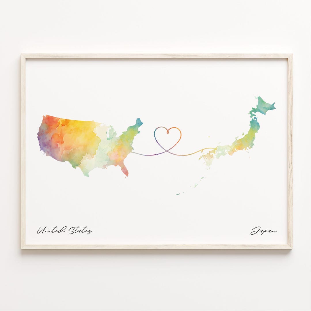 US to Japan Print, Watercolor Map Poster, Japanese Gift, US Wall Art ...