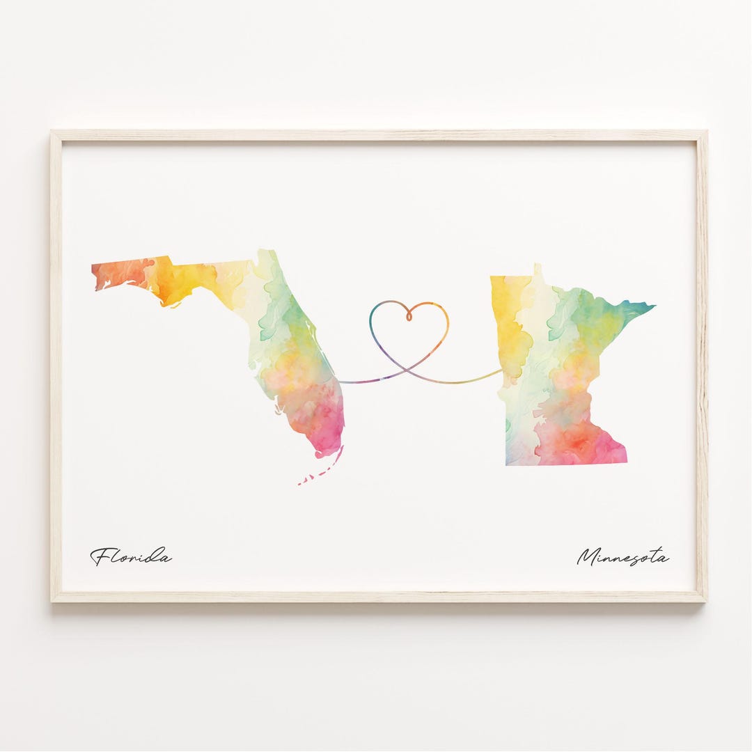 Florida to Minnesota Print, Watercolor Map Poster, Minnesotan Gift ...