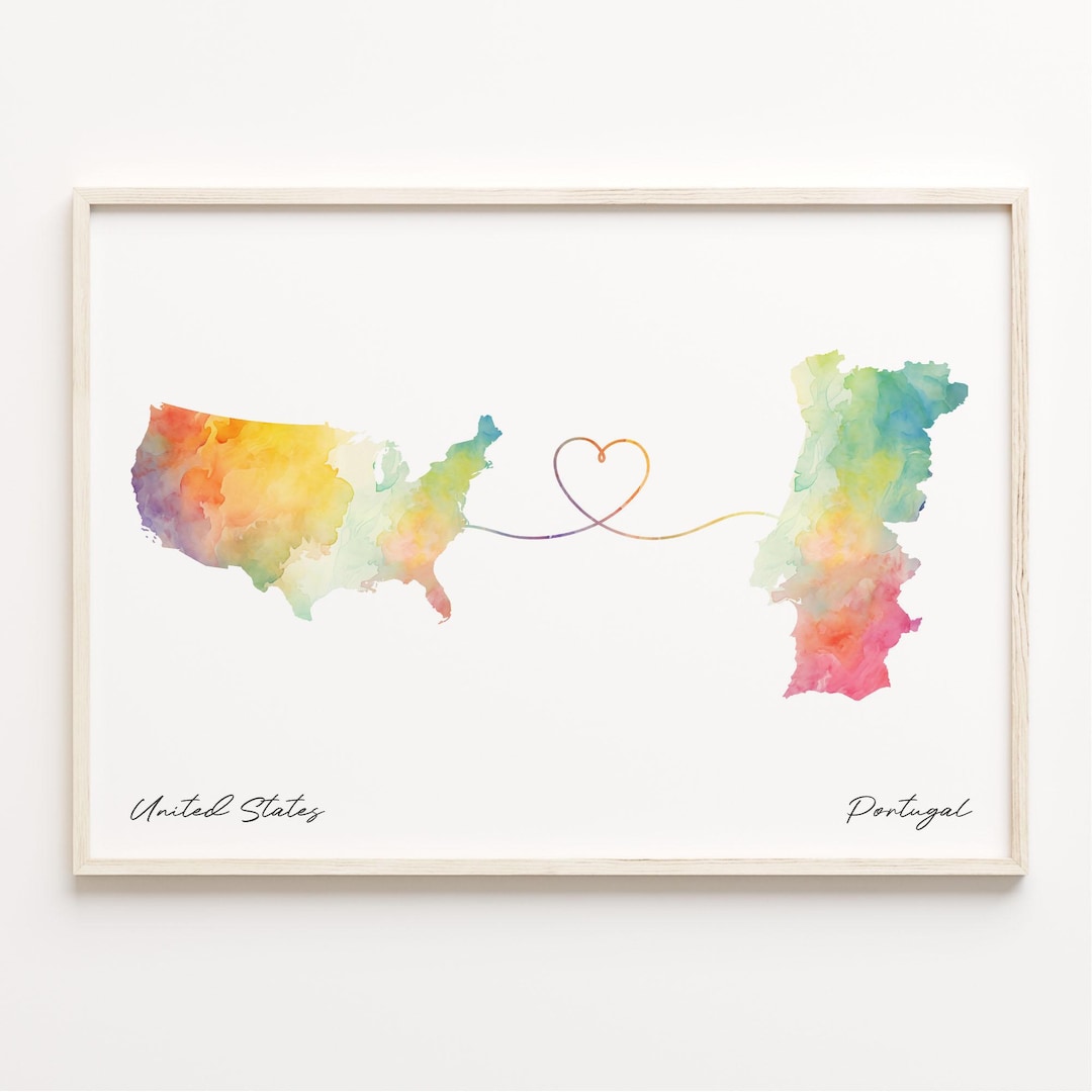 US to Portugal Print, Watercolor Map Poster, Portuguese Gift, US Wall ...