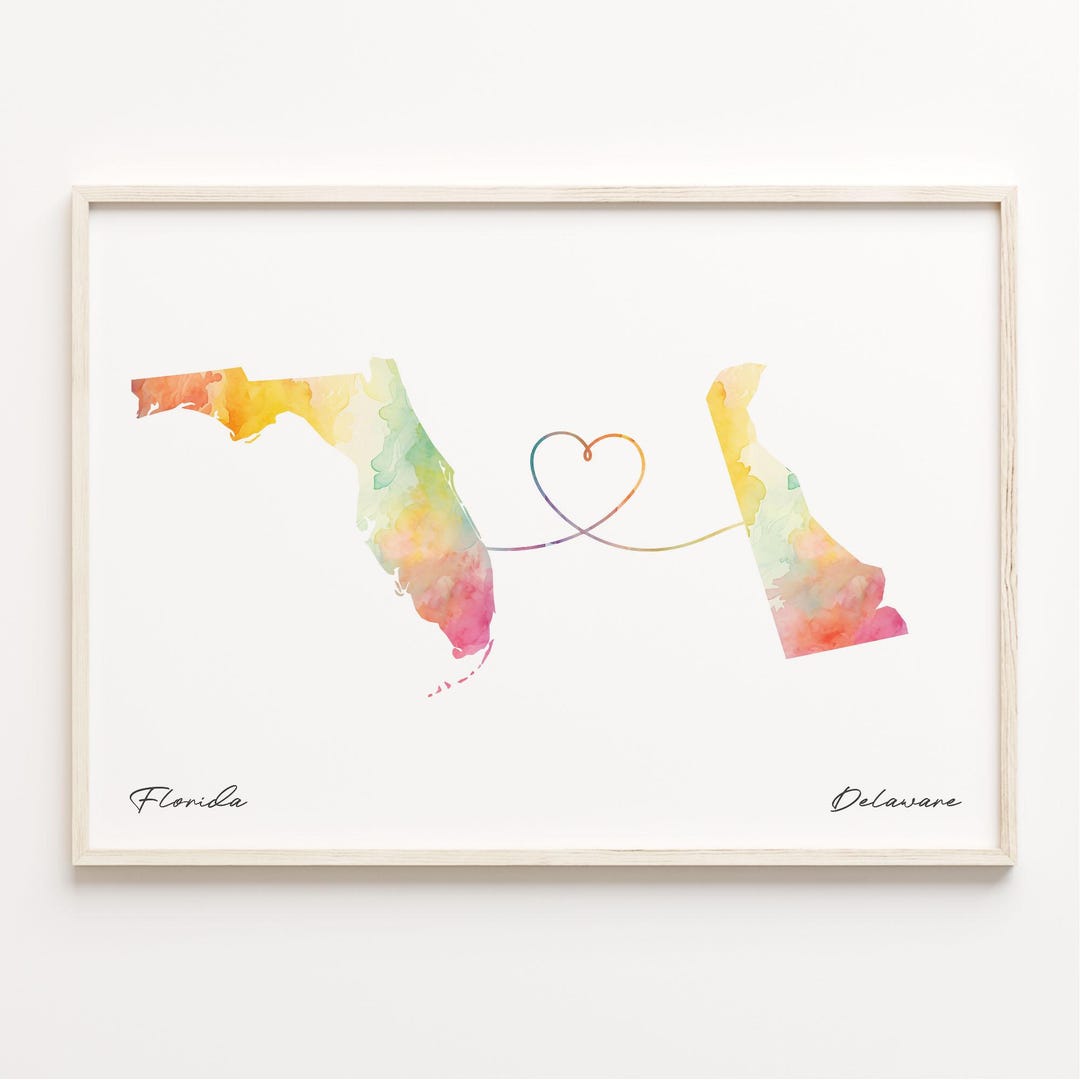 Florida to Delaware Print, Watercolor Map Poster, Delawarean Gift ...