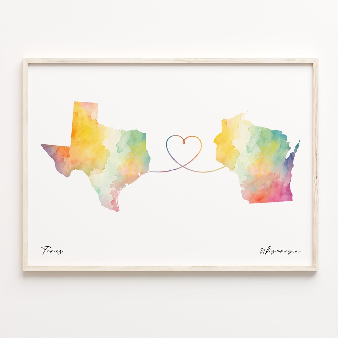 Texas Wisconsin Watercolor Map Print: Long Distance Gift - Etsy