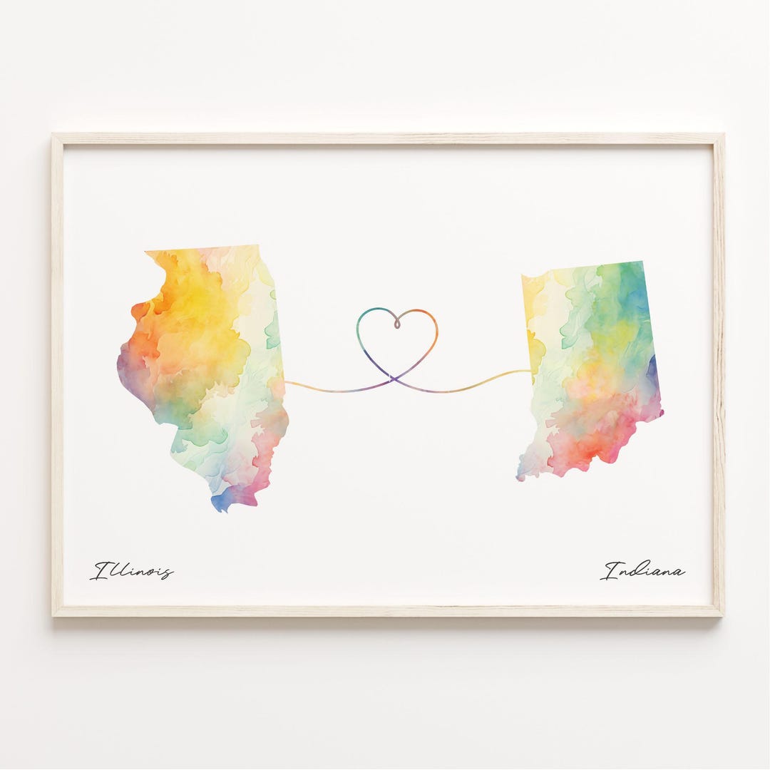 Illinois to Indiana Print, Watercolor Map Poster, Hoosier Gift, Travel ...