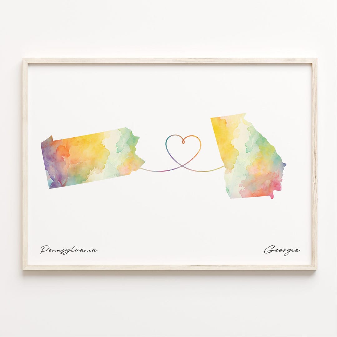 Pennsylvania to Georgia Watercolor Map Print: Long Distance Love - Etsy