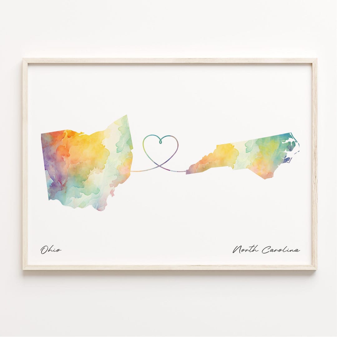 Ohio to North Carolina Watercolor Map Print: Long Distance Friendship ...