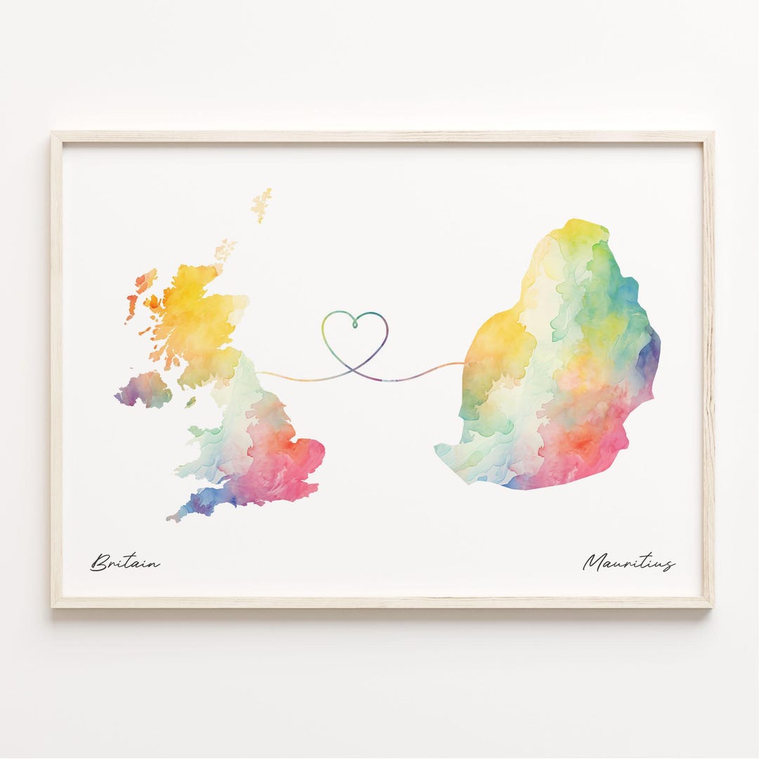 UK to Mauritius Print, Watercolor Map Poster, Mauritian Gift, United ...