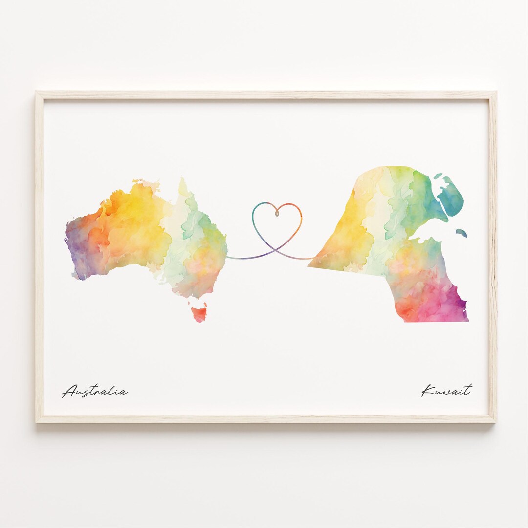 Australia to Kuwait Print, Watercolor Map Poster, Kosovar Gift, Travel ...