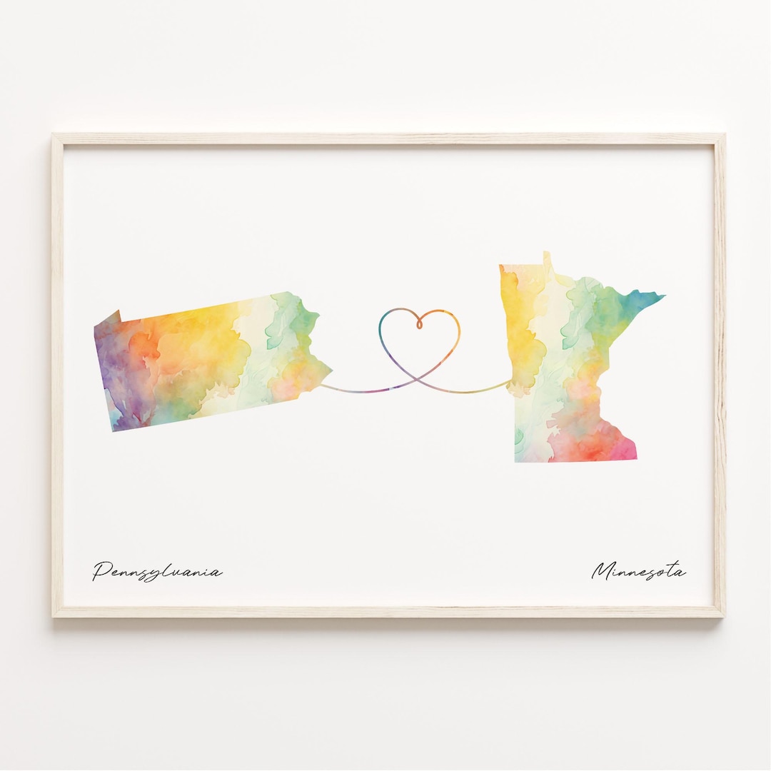 Pennsylvania to Minnesota Watercolor Map Print: State Connection Art - Etsy