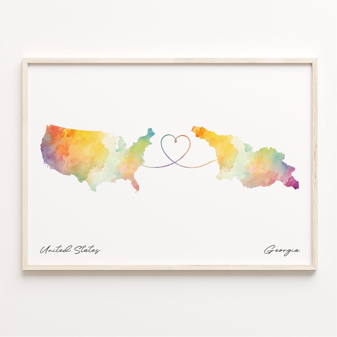 US to Georgia Print, Watercolor Map Poster, Georgian Gift, US Wall Art ...