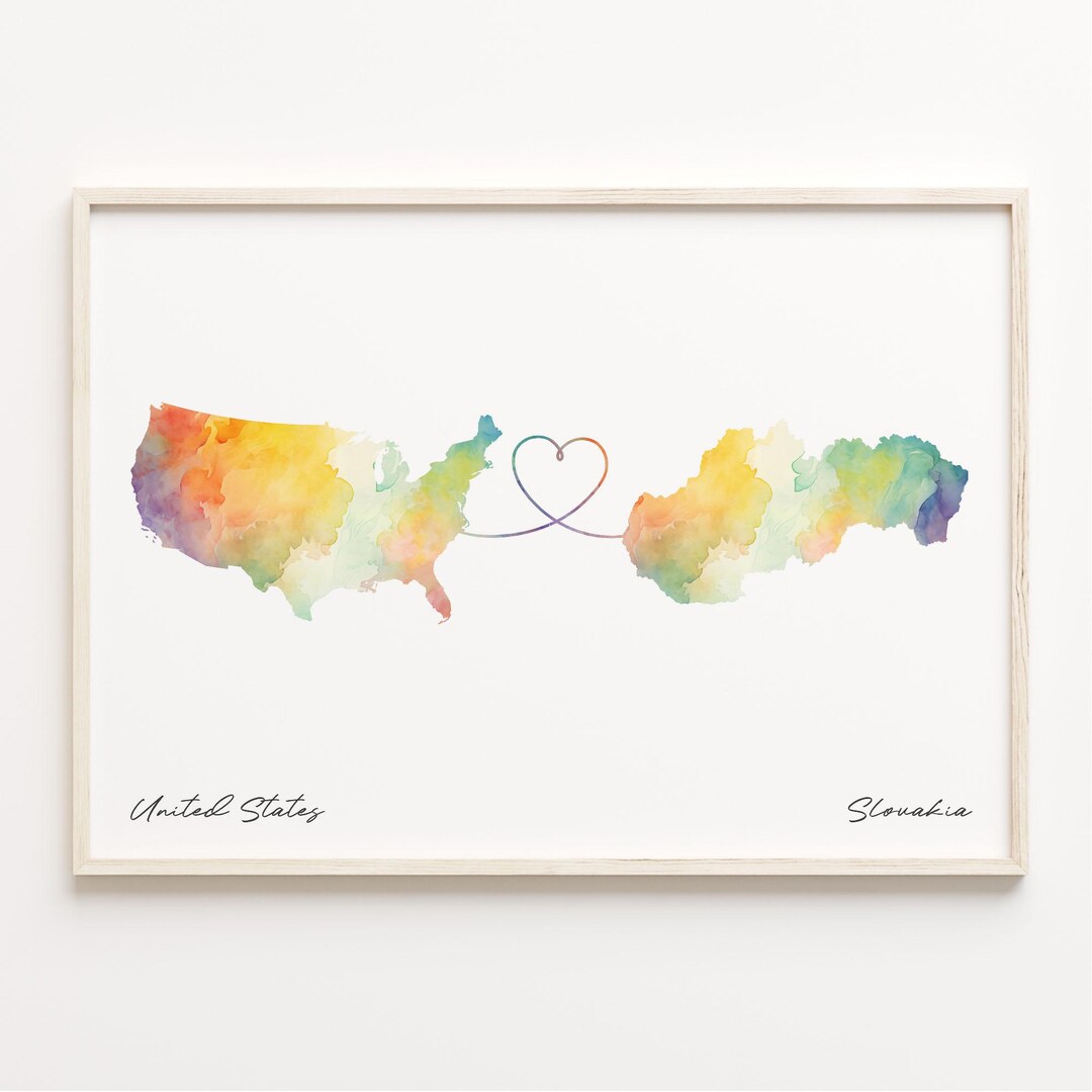 US to Slovakia Print, Watercolor Map Poster, Slovak Gift, US Wall Art ...