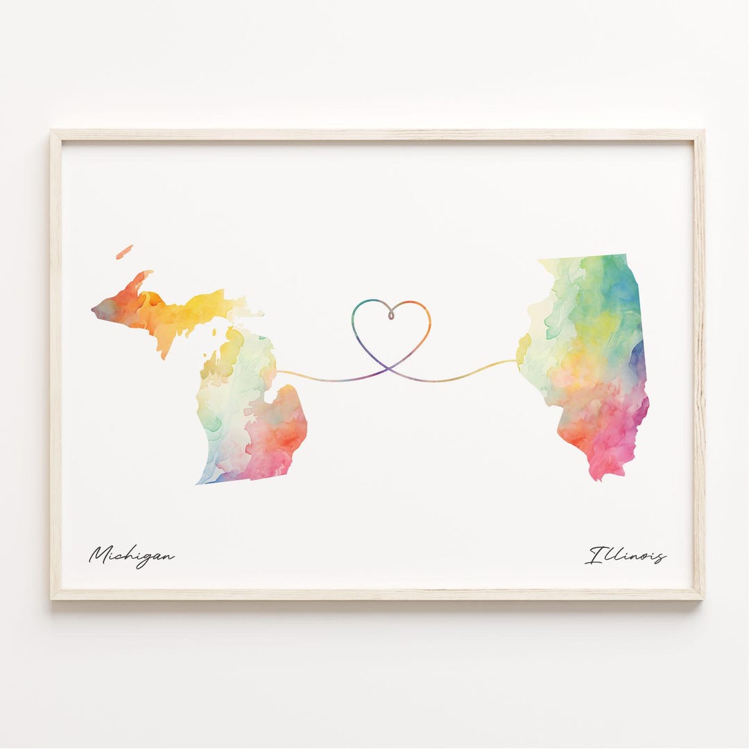 Michigan to Illinois Print, Watercolor Map Poster, Illinoisan Gift ...