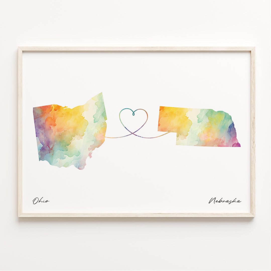 Ohio to Nebraska Print, Watercolor Map Poster, Nebraskan Gift, Travel ...