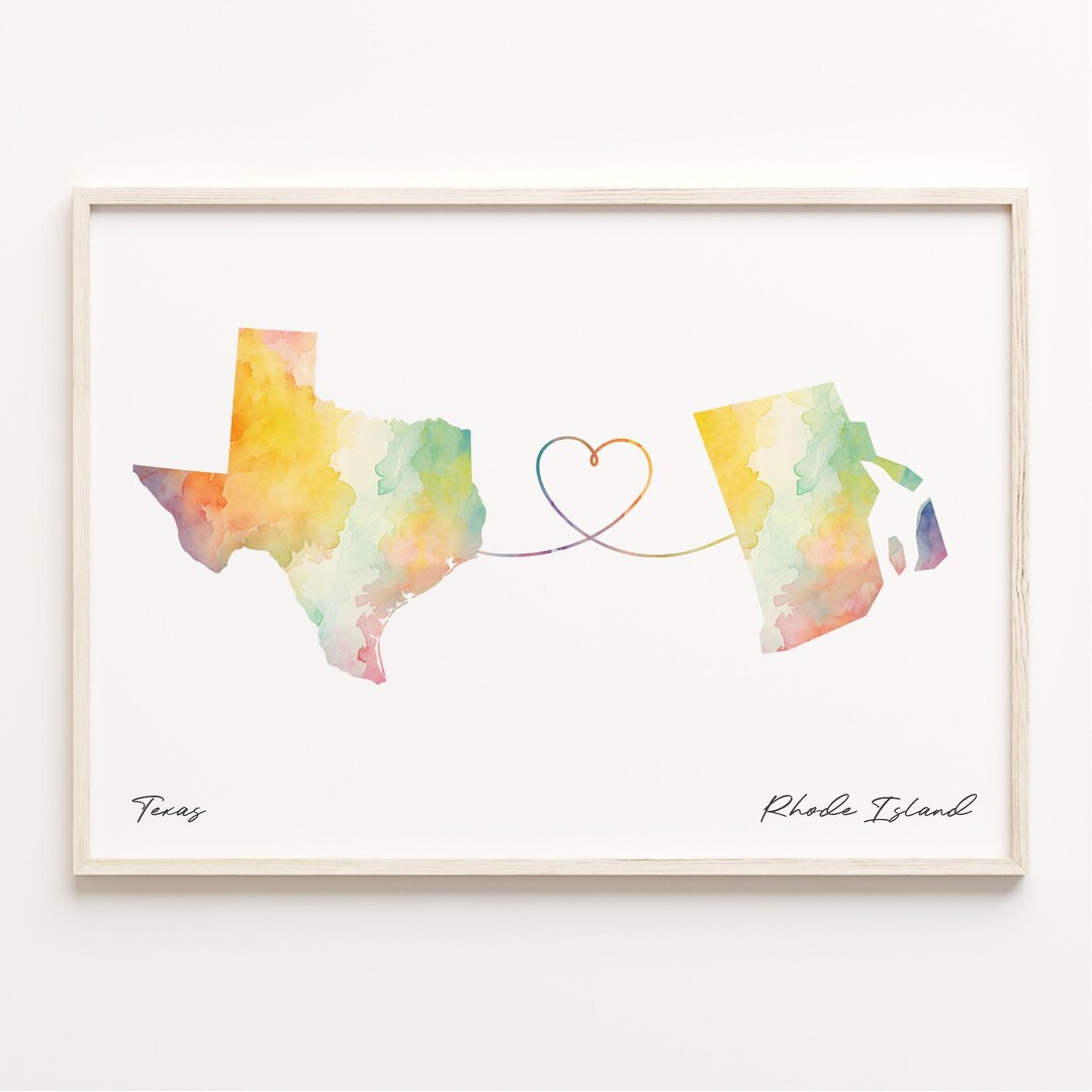 Texas to Rhode Island Print, Watercolor Map Poster, Rhode Islander Gift ...