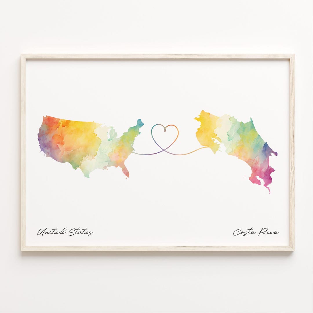US to Costa Rica Print, Watercolor Map Poster, Costa Rican Gift, US ...