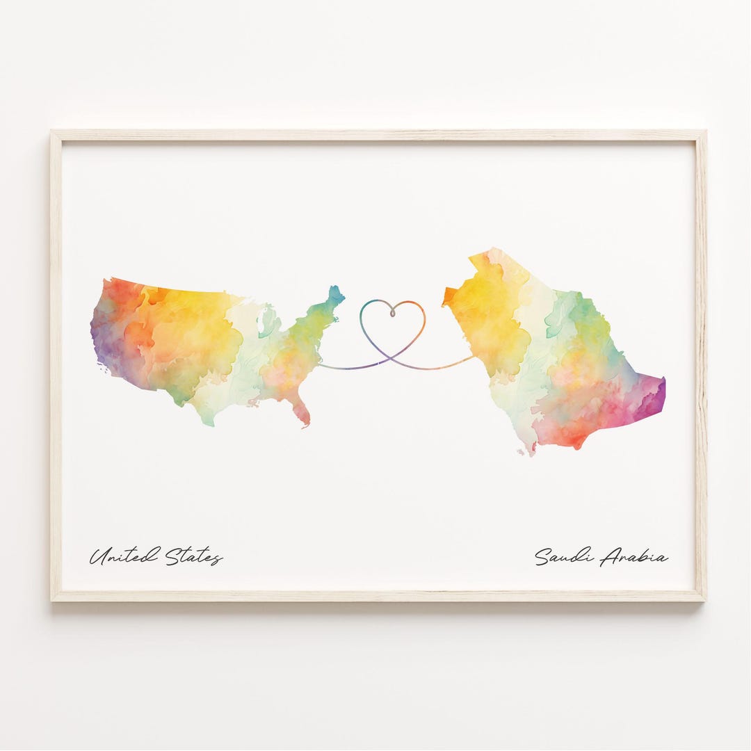 Buy US to Saudi Arabia Print, Watercolor Map Poster, Saudi Gift, US ...