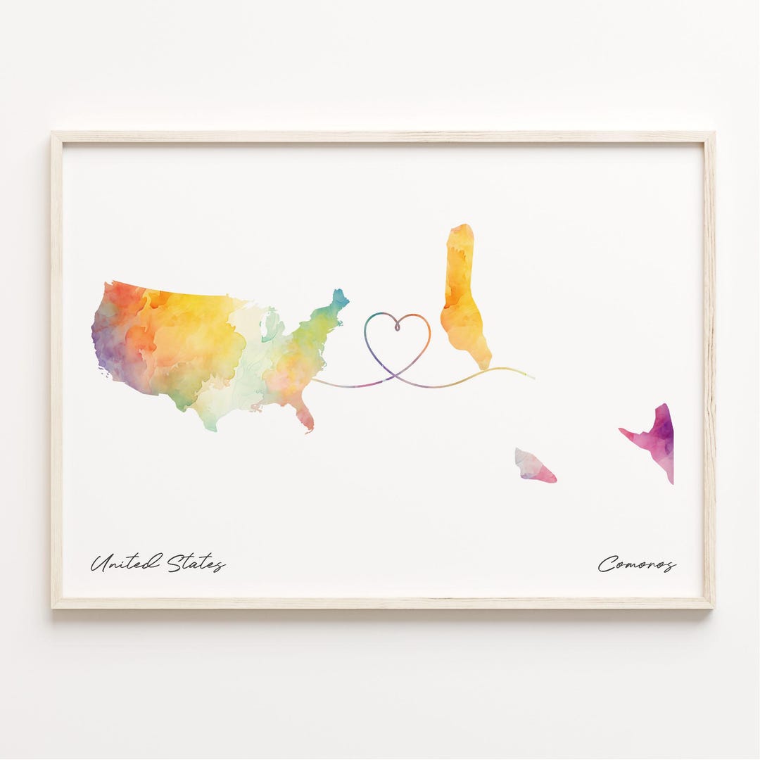 US to Comoros Print, Watercolor Map Poster, Comorian Gift, US Wall Art ...