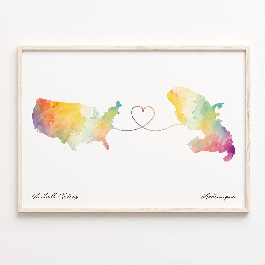 US to Martinique Print, Watercolor Map Poster, Martinican Gift, US Wall ...