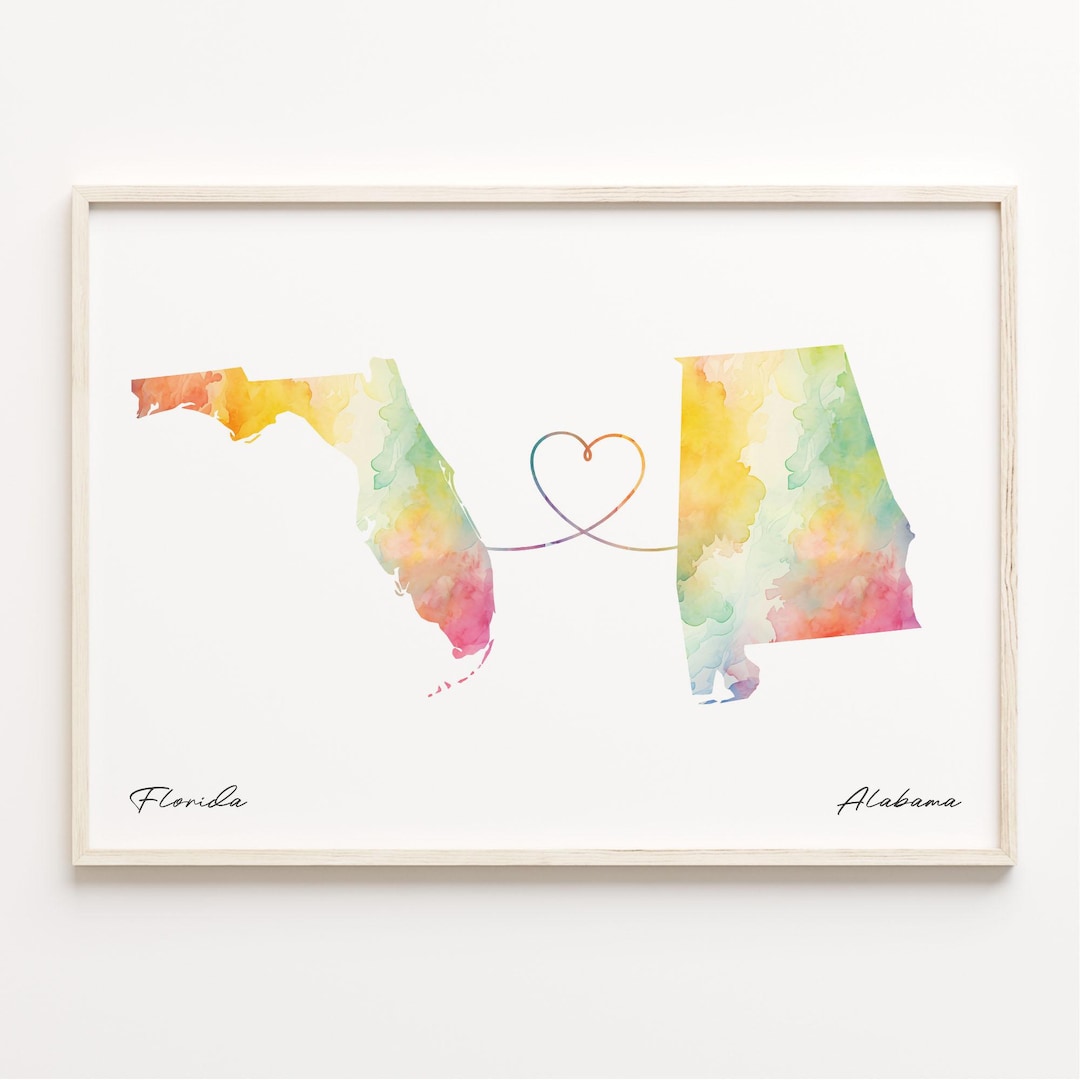Florida to Alabama Print, Watercolor Map Poster, Alabamian Gift, Travel ...