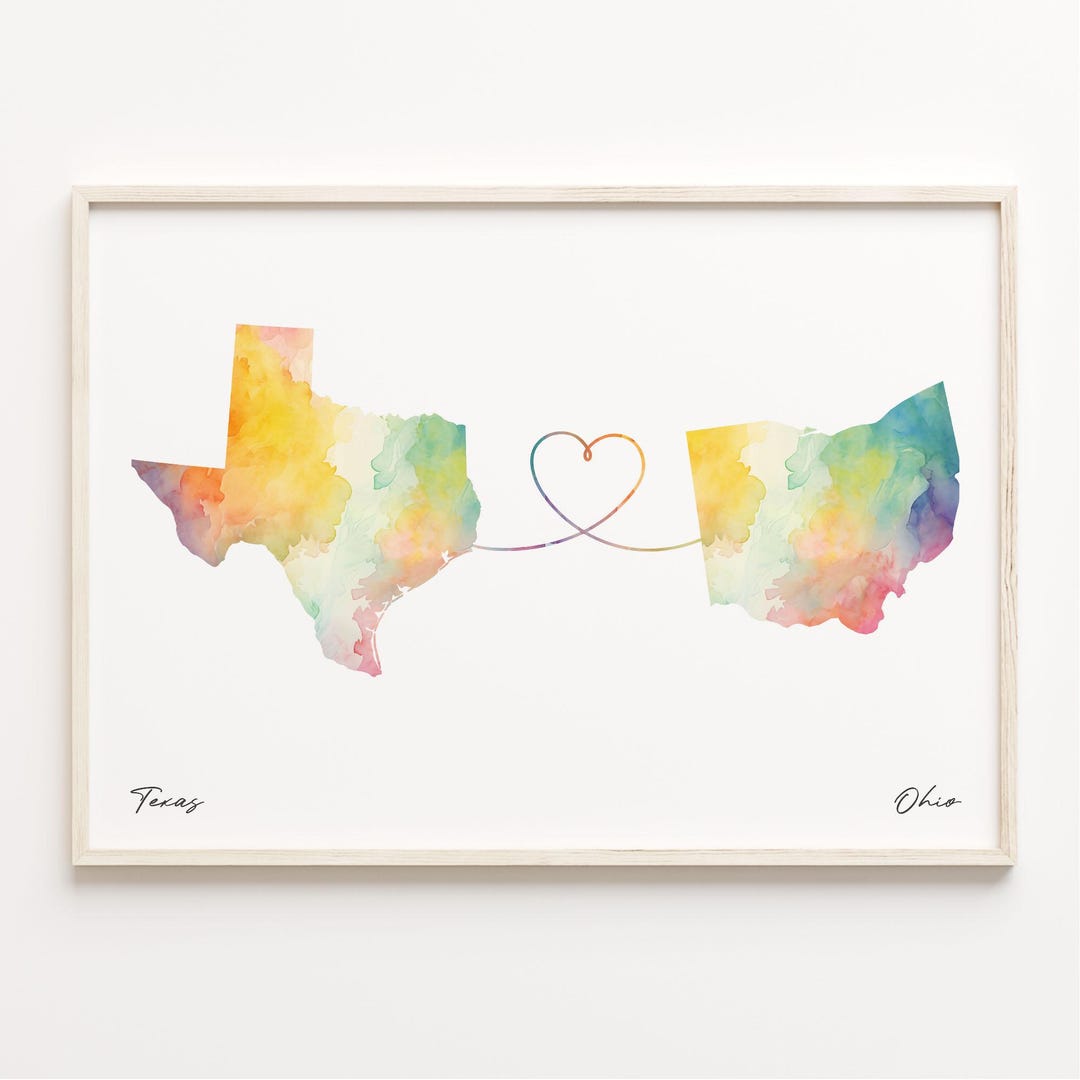 Texas to Ohio Watercolor Map Print: Long Distance Gift - Etsy