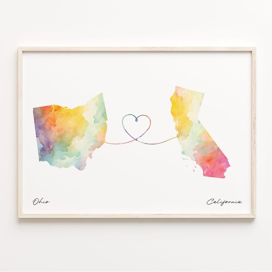 Ohio to California Print, Watercolor Map Poster, Californian Gift ...