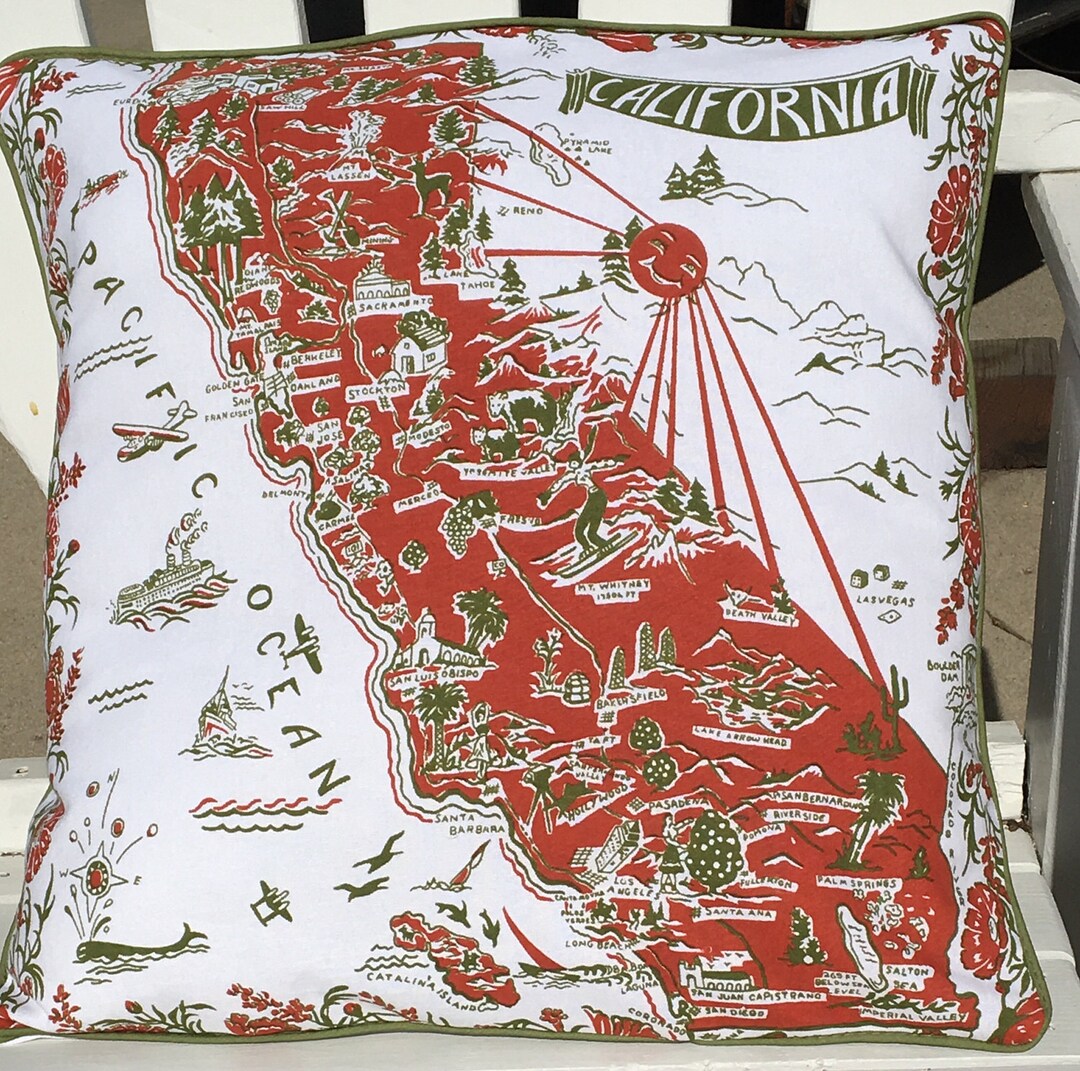 California Pillow Cover, 18" Red Retro California Pillow Cover ...