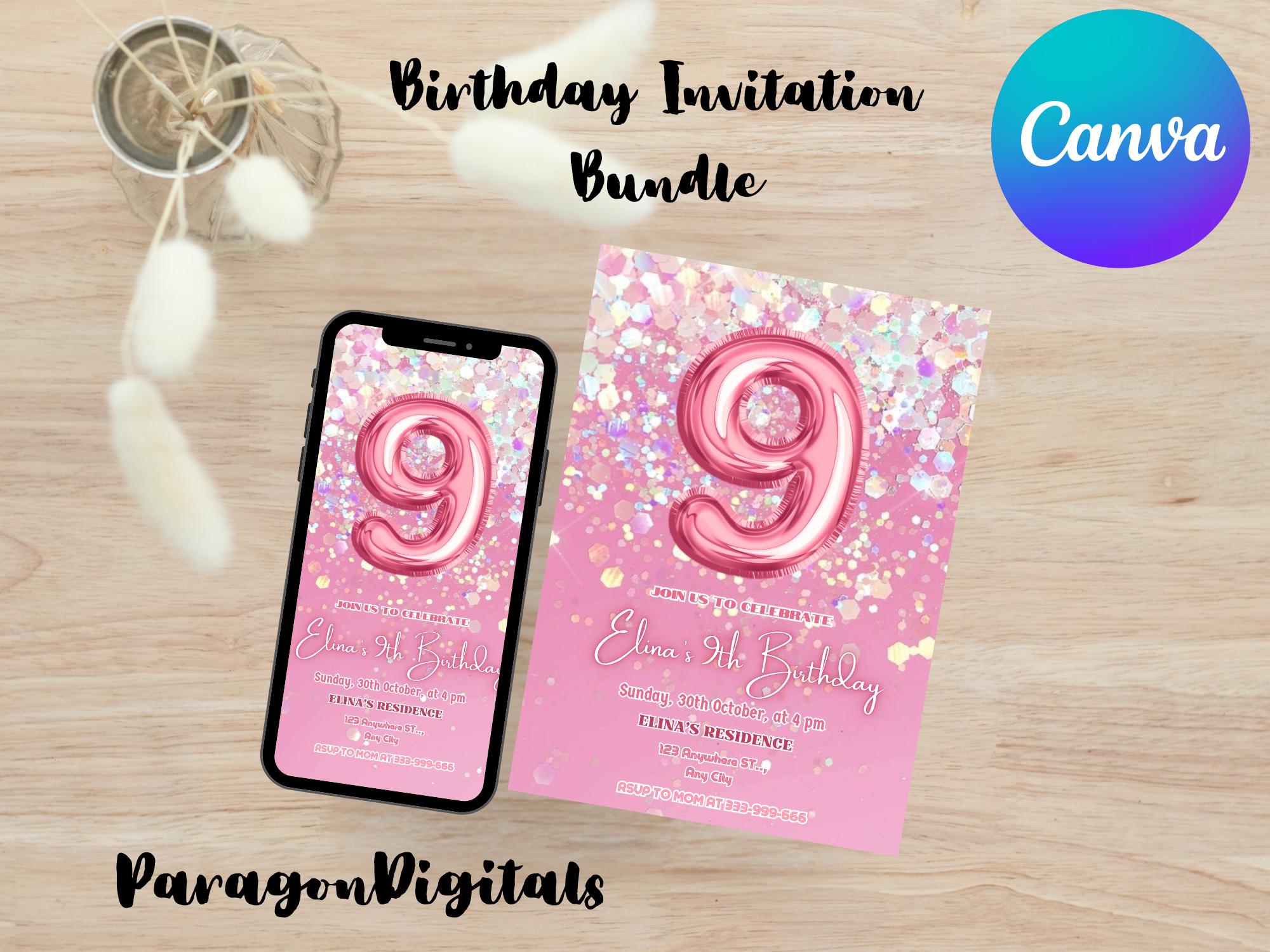 Editable Pink Glitter Birthday Invitation Template, Glitter Birthday ...
