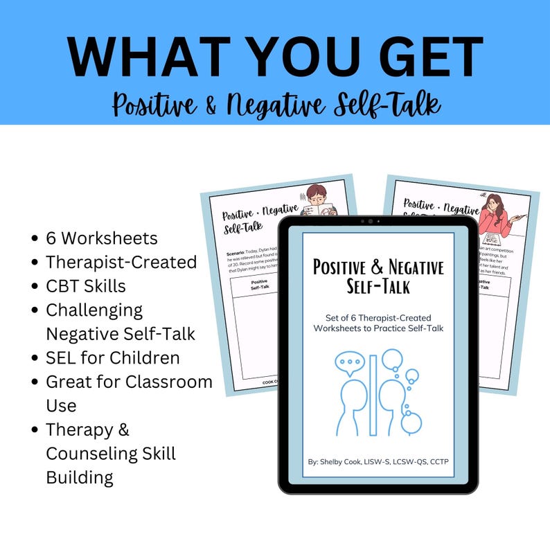 Positive and Negative Self-talk Worksheets for Kids | Therapist-created ...