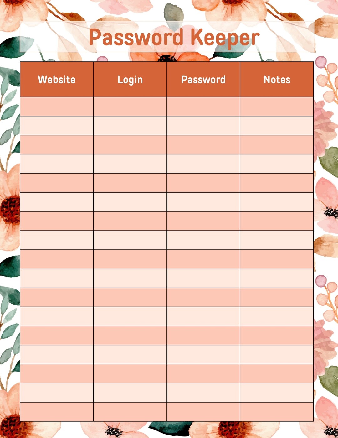 Orange Floral Password Keeper | Digital Download | Stylish and Secure ...