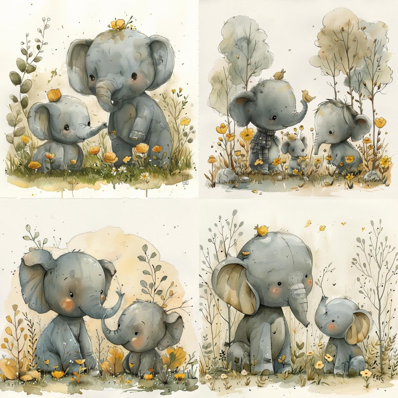 24 Cute Elephant Watercolor Clipart, Baby Elephant and Mother ...