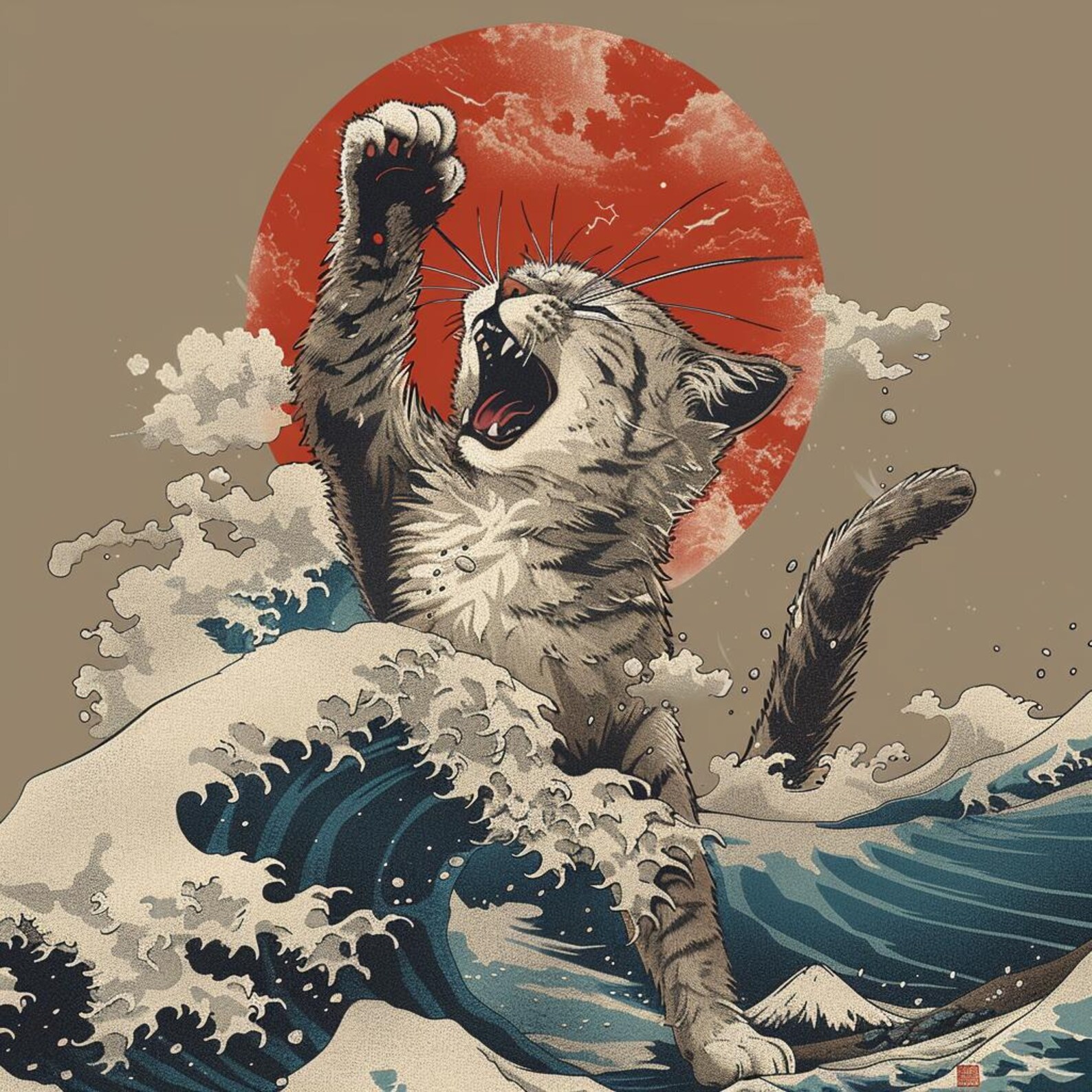24cute Cat Riding Wave Clipart, Japanese Inspired Digital Art, Ocean ...