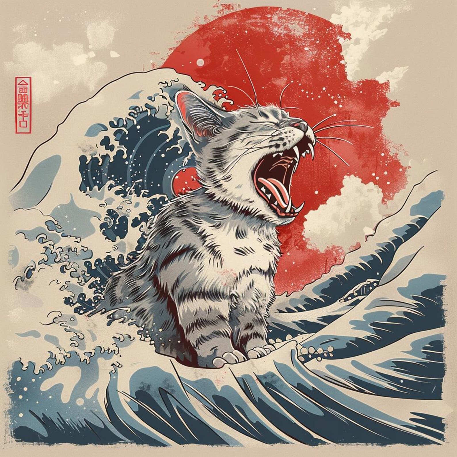 24cute Cat Riding Wave Clipart, Japanese Inspired Digital Art, Ocean ...