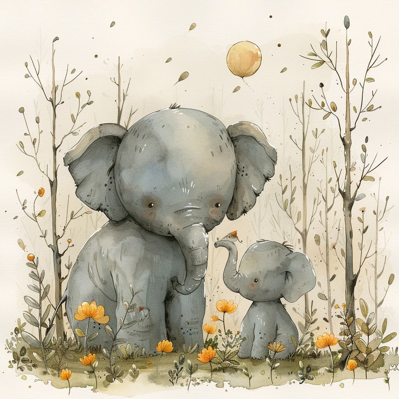 24 Cute Elephant Watercolor Clipart, Baby Elephant and Mother ...