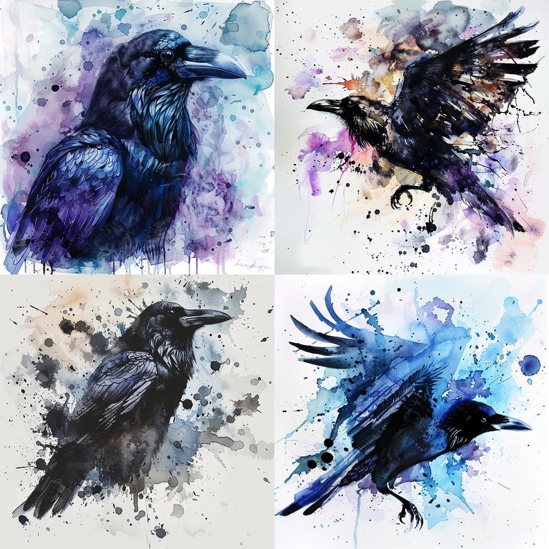 24 Raven Watercolor Art Clipart, Artistic Crow Digital Download ...