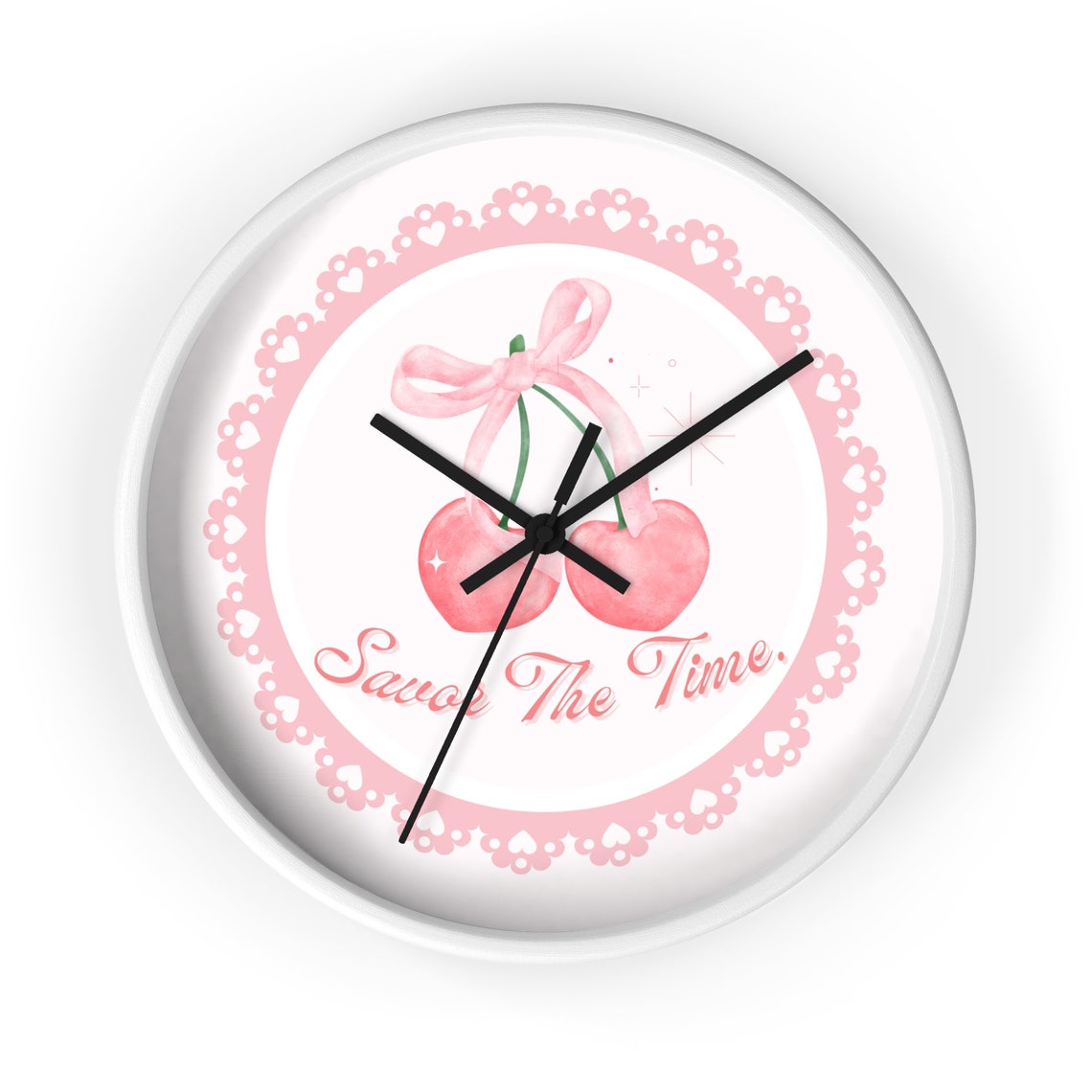 Coquette Pastel Pink Clock With Bow and Cherries Cute Aesthetic Wall ...