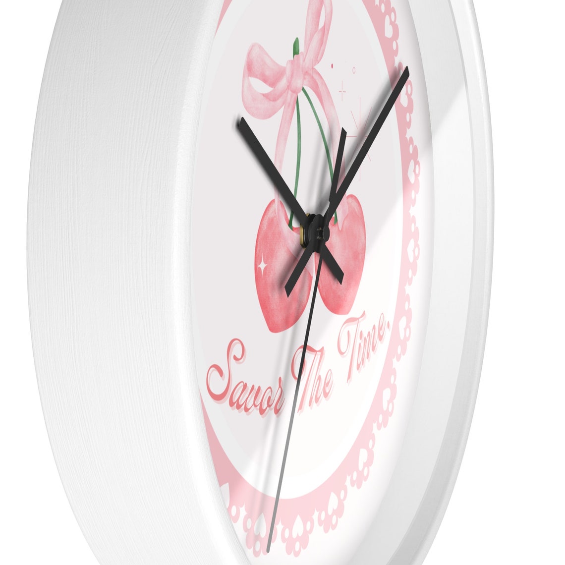 Coquette Pastel Pink Clock With Bow and Cherries Cute Aesthetic Wall ...