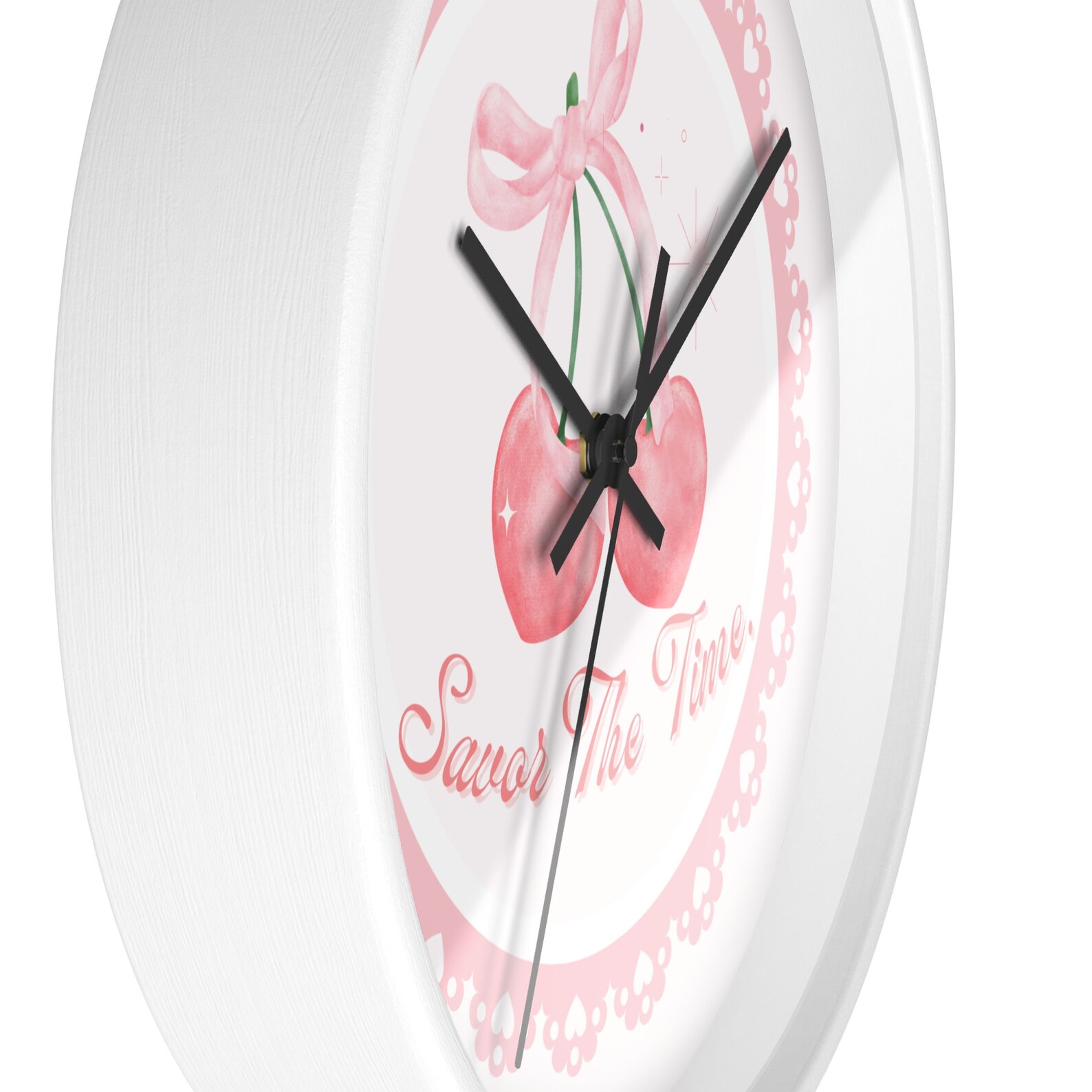 Coquette Pastel Pink Clock With Bow and Cherries Cute Aesthetic Wall ...