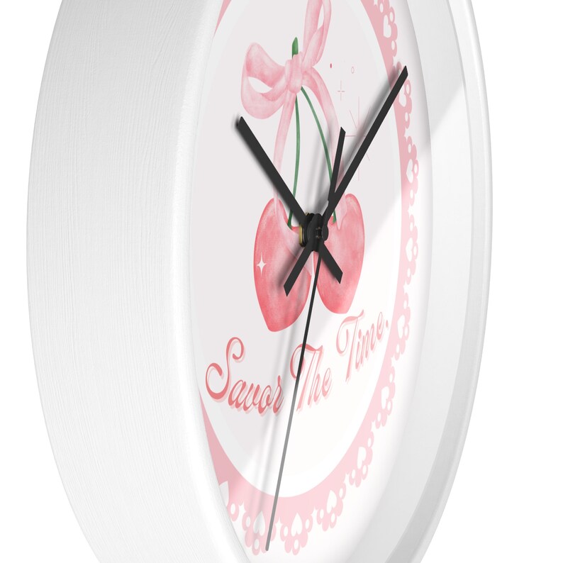 Coquette Pastel Pink Clock With Bow and Cherries Cute Aesthetic Wall ...