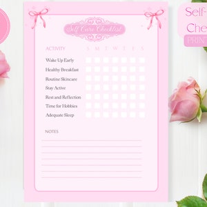 Self Care Checklist Coquette Pastel Pink PDF Printable Wellness Planner ...
