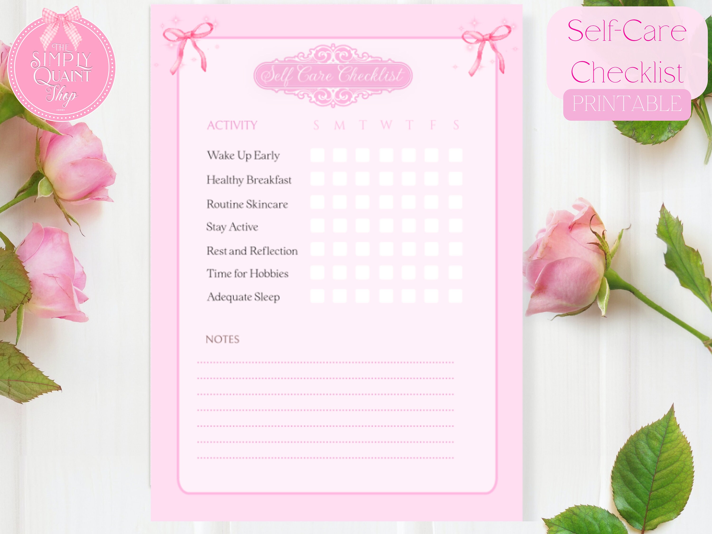Self Care Checklist Coquette Pastel Pink PDF Printable Wellness Planner ...