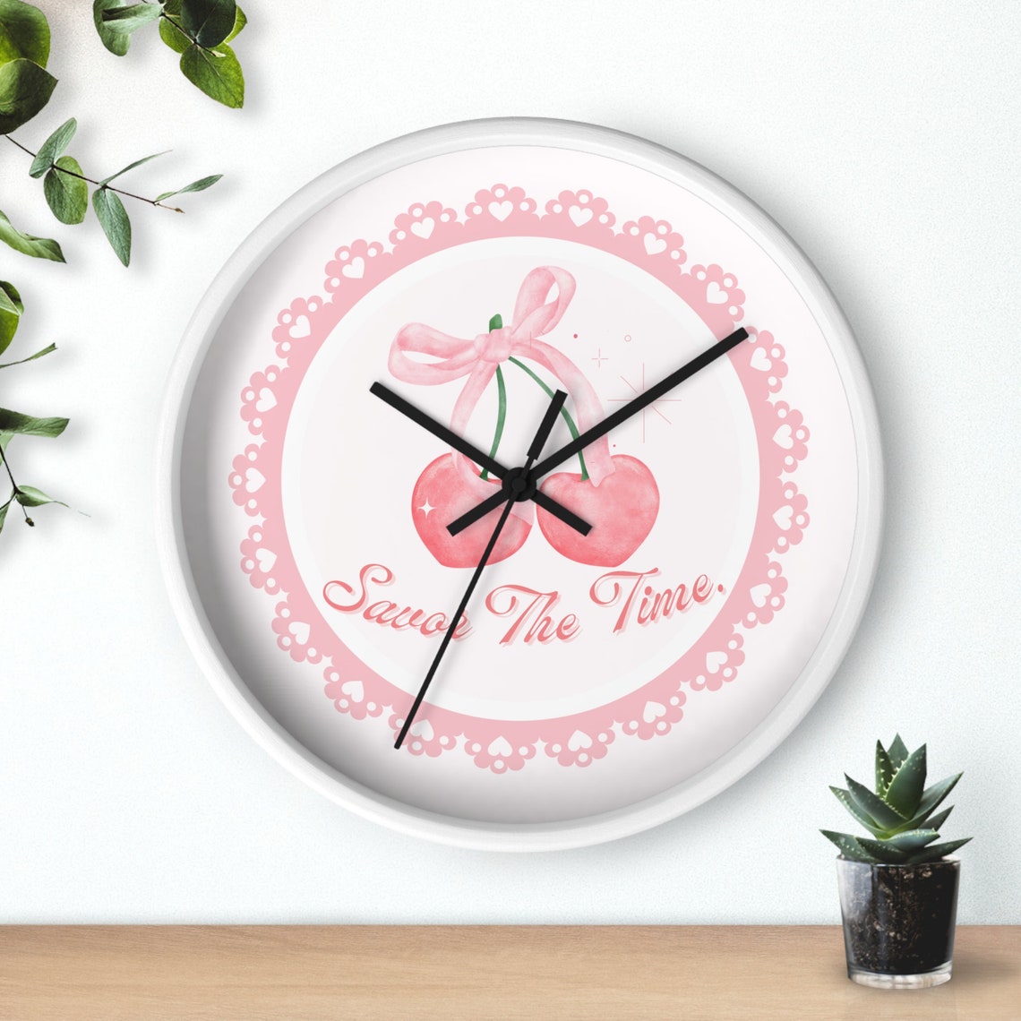 Coquette Pastel Pink Clock With Bow and Cherries Cute Aesthetic Wall ...
