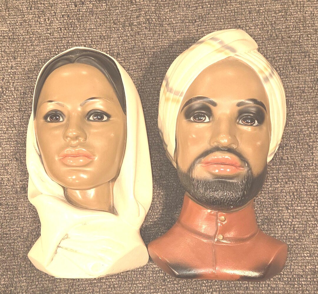 Vintage Marwal Ind-inc. Chalk Ware Bust Statue Set 2 Man & Woman Indian ...