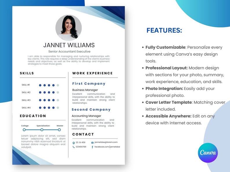 Professional Modern Resume Template With Photo Blue Color CV Template ...