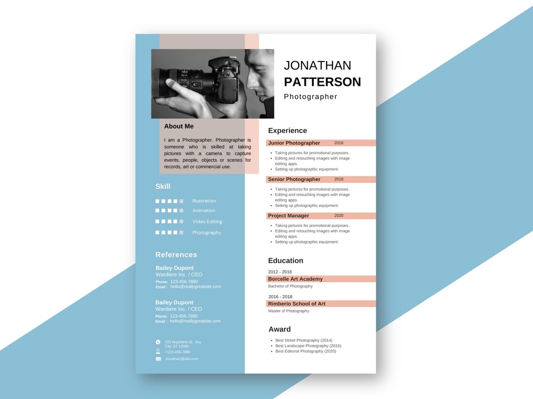 Professional Resume Template With Photo Flat Blue Color CV Template ...