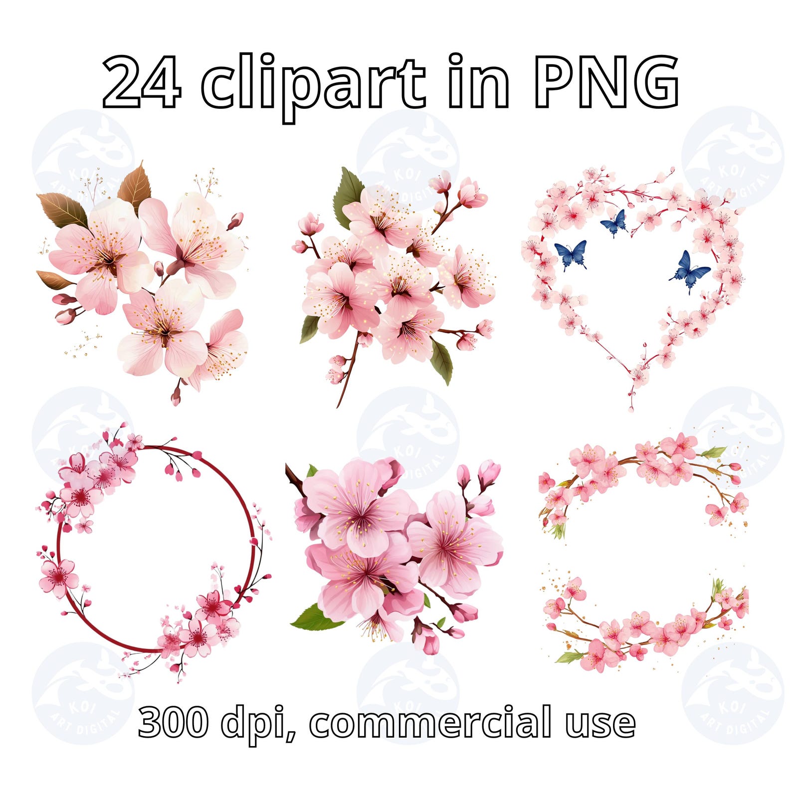 Elegant Cherry Blossom Frames, Pack of 24 Sakura Flower Clipart PNG ...