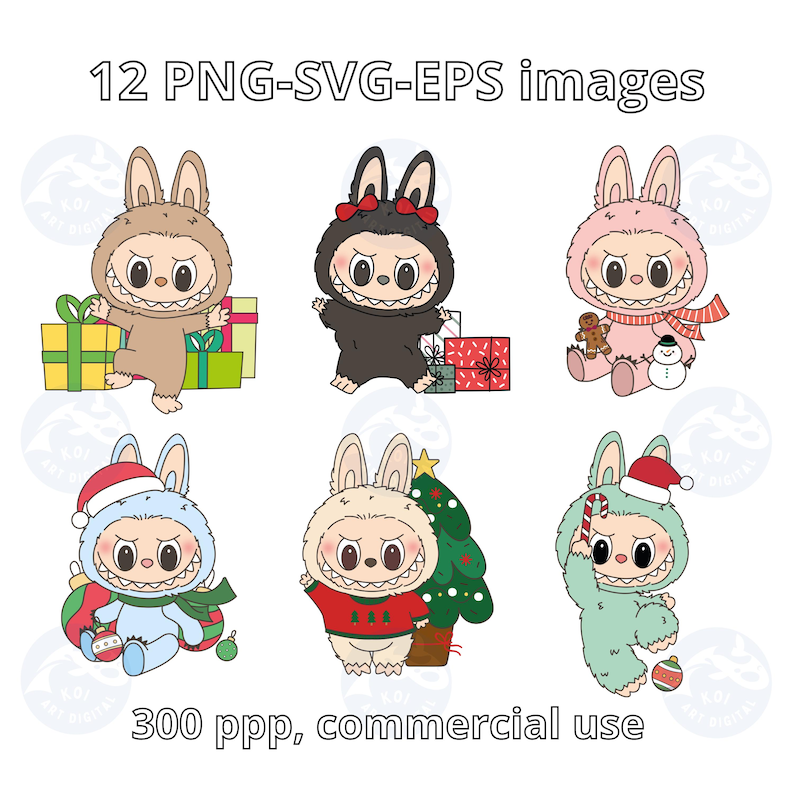 Paquete 12 labubu Navideños SVG PNG y EPS, Diseño original Labubu ...