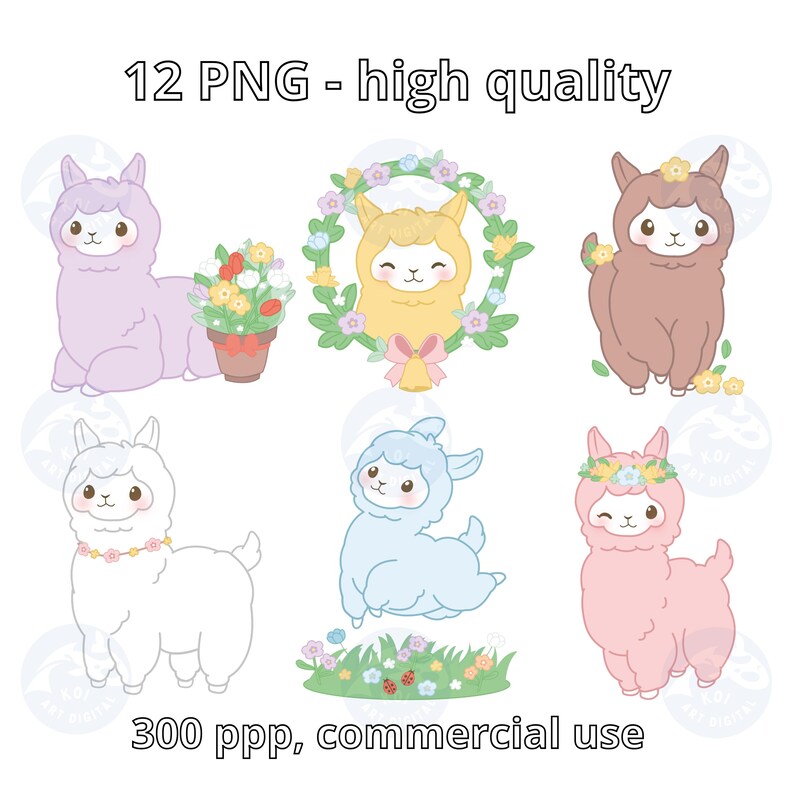 Pack of 12 Alpaca PNG Illustrations, Kawaii Alpaca Clipart, Cute Animal ...