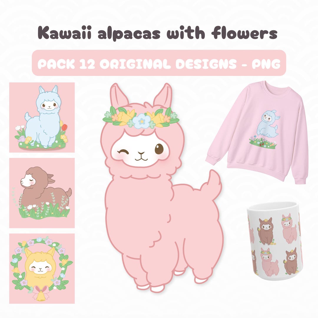 Pack of 12 Alpaca PNG Illustrations, Kawaii Alpaca Clipart, Cute Animal ...