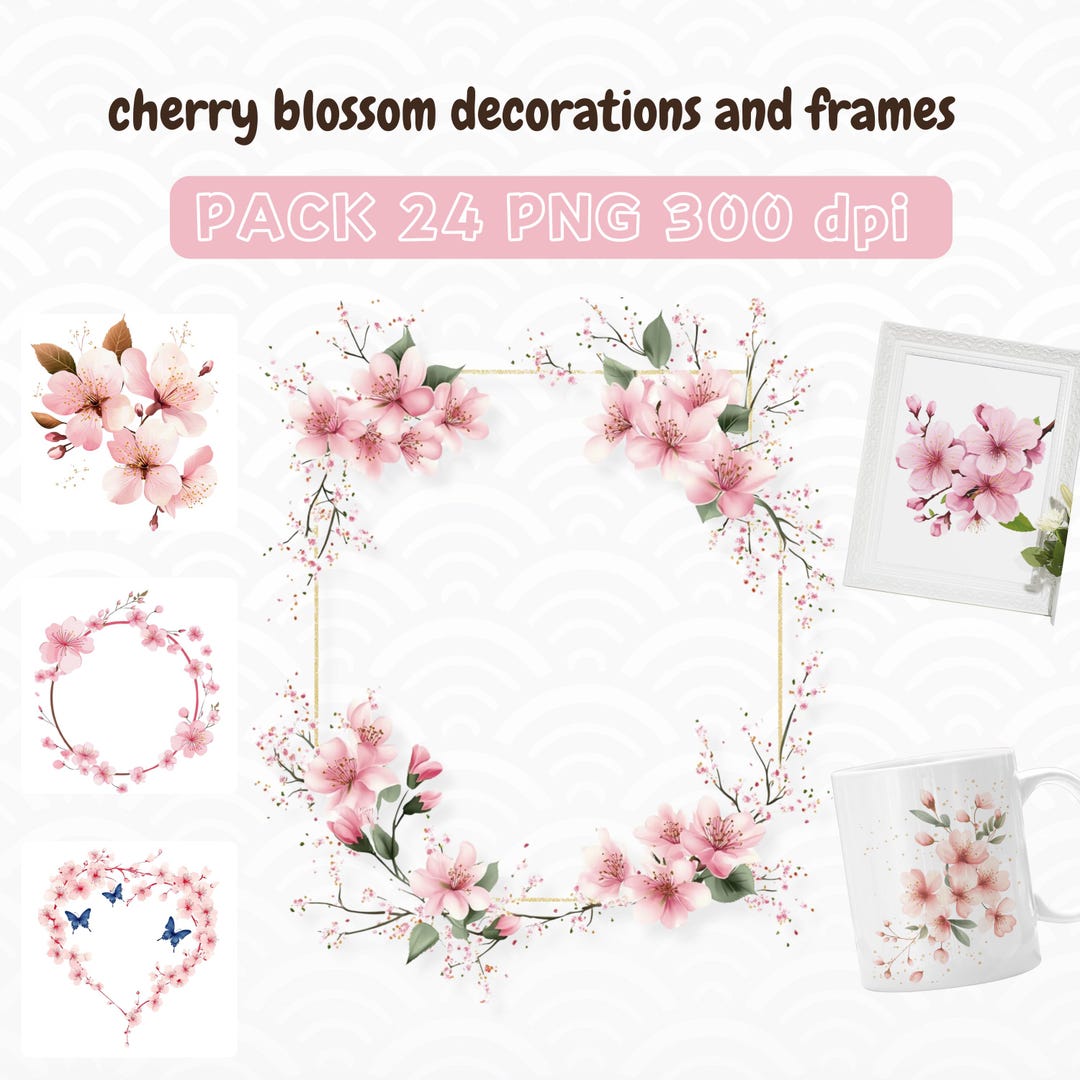 Elegant Cherry Blossom Frames, Pack of 24 Sakura Flower Clipart PNG ...