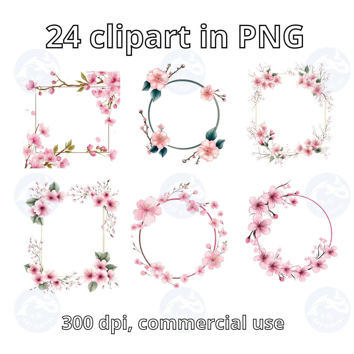 Elegant Cherry Blossom Frames, Pack of 24 Sakura Flower Clipart PNG ...