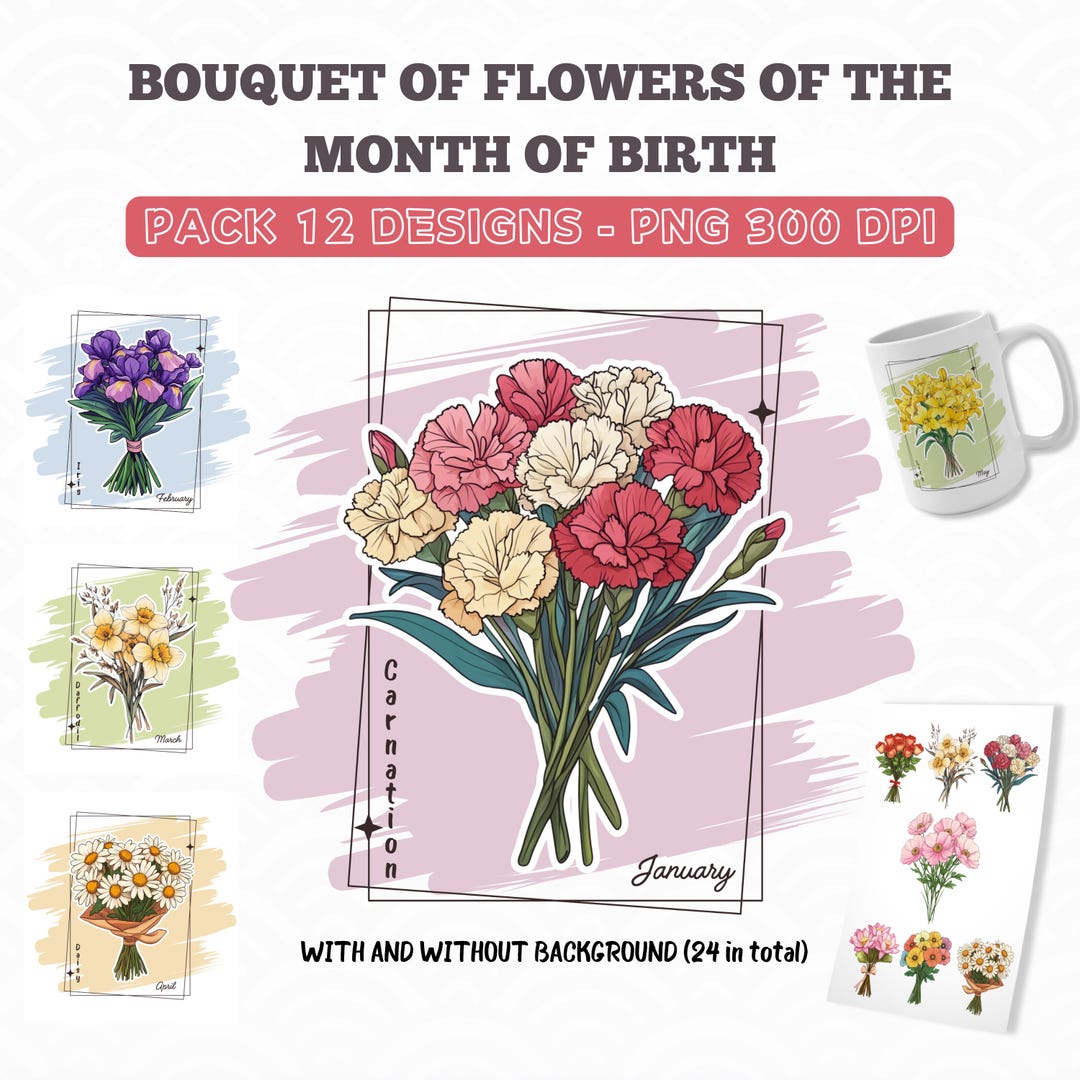 Birth Month Flower Bouquet PNG Bundle, 12 Images for Each Month, Cute ...
